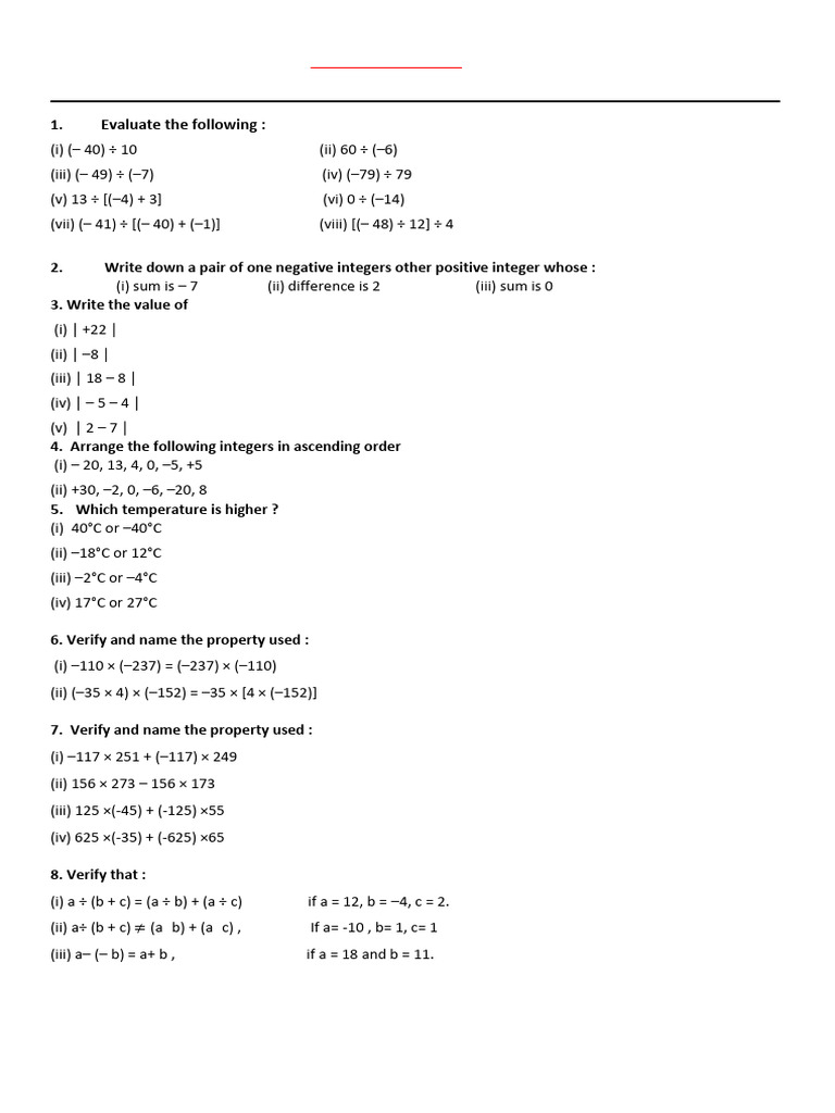 CH 1 Integers Worksheet 1 | PDF