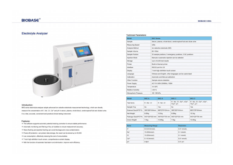 Electrolyte Analyzer BKE Series | PDF