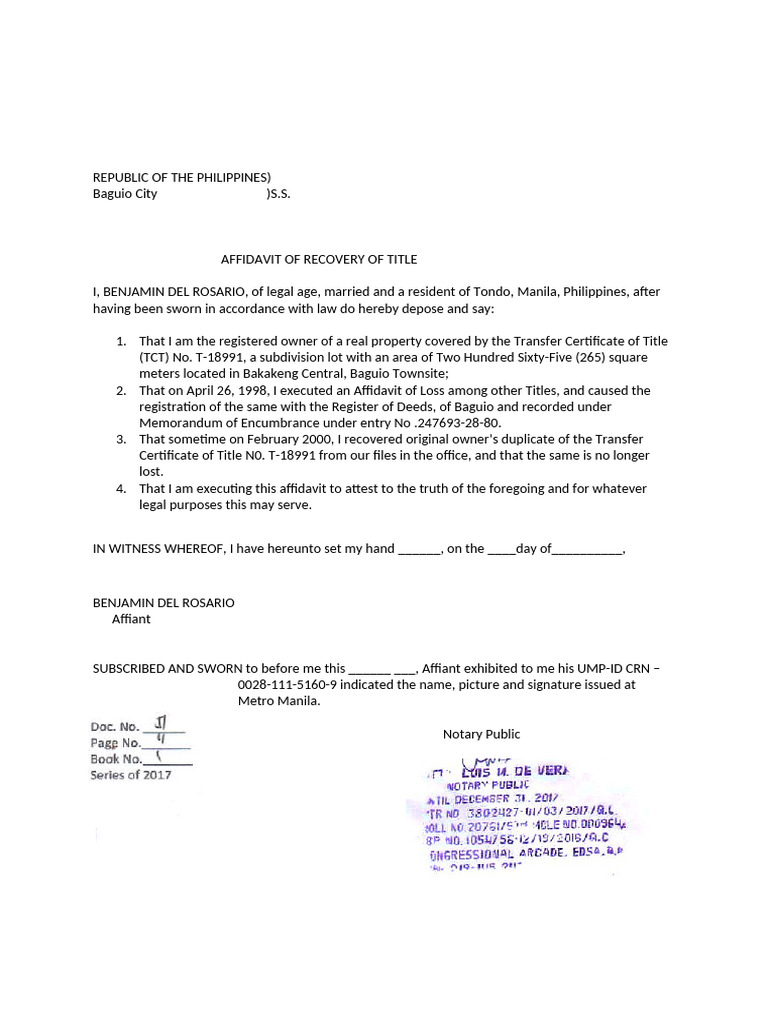 Affidavit of Recovery of Title T-18991 | PDF