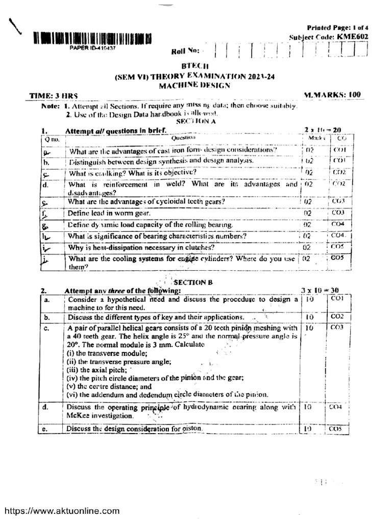 Btech Me 6 Sem Machine Design Kme602 Jun 2024 | PDF Btech Me 6 Sem Machine Design Kme602 Jun 2024 | PDF