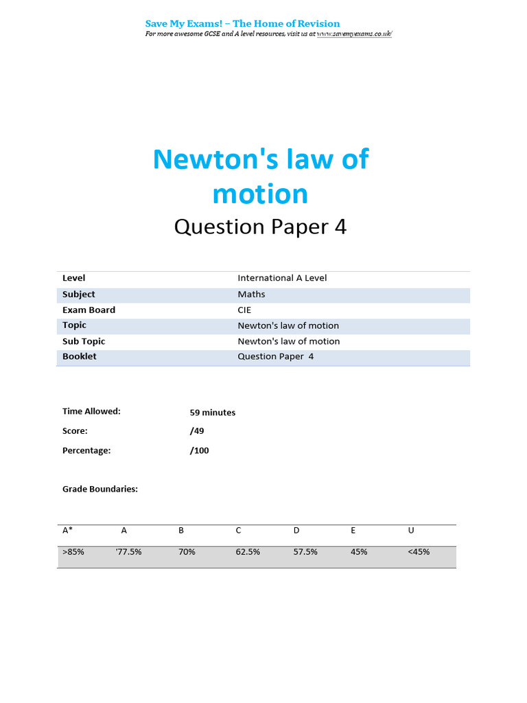 28.4-newtons_law_of_motion-cie_ial_maths-qp | PDF | Force | Physical Sciences