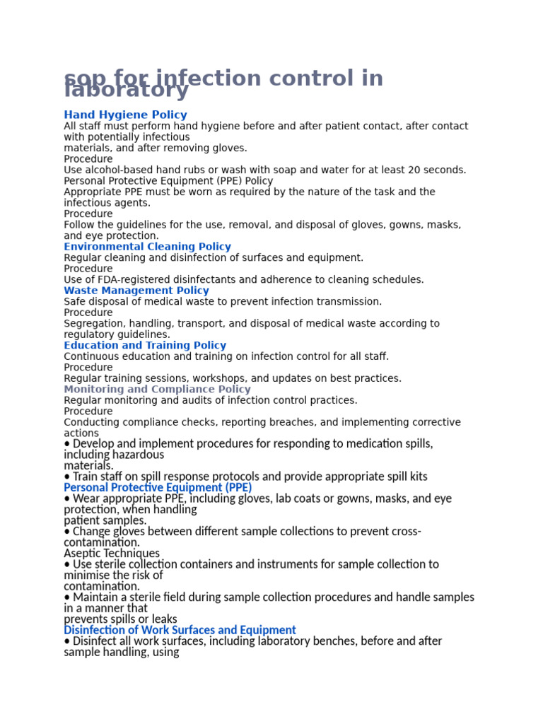 sop for infection control in lab | PDF | Personal Protective Equipment ...