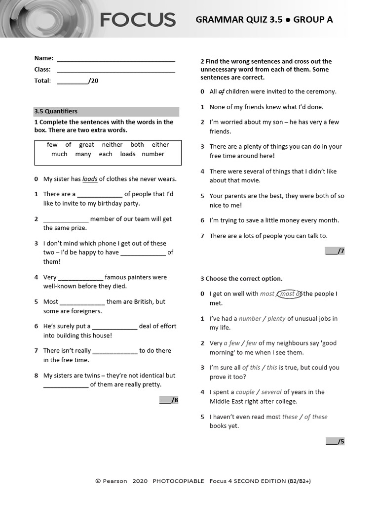 Focus4 2E Grammar Quiz Unit3 5 GroupA | PDF