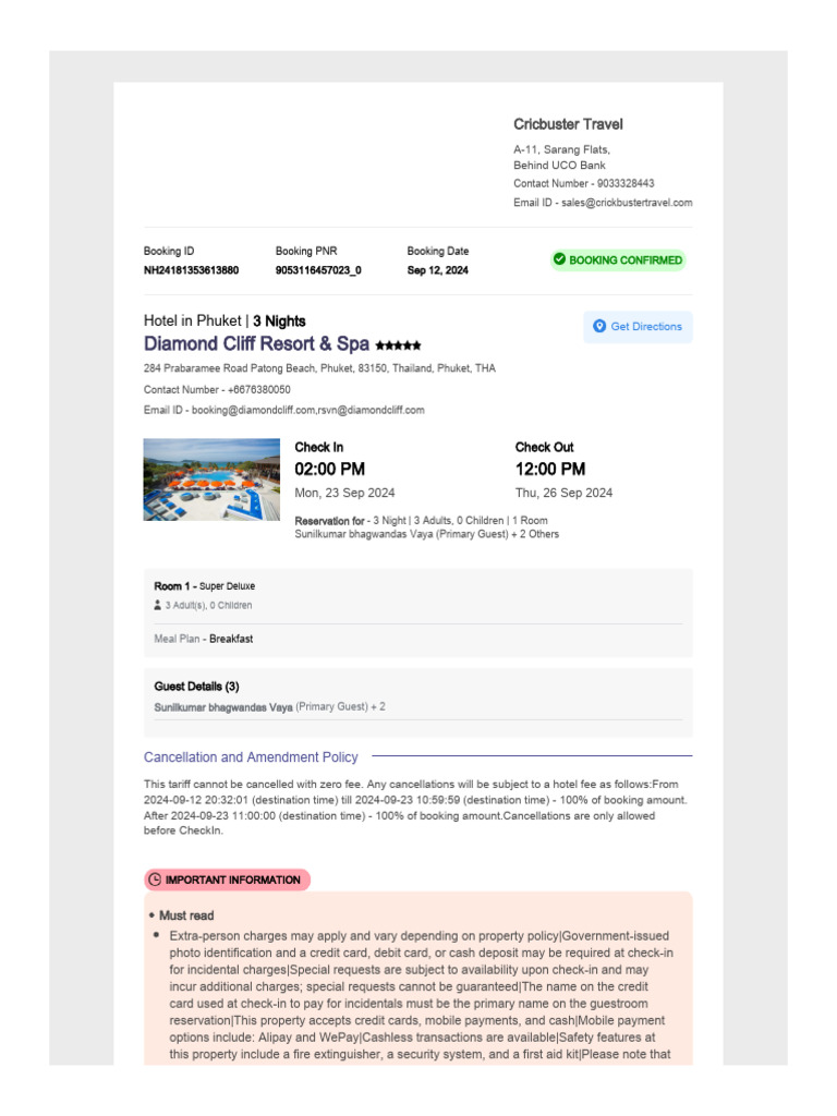 Phuket Hotel Booking Confirmation | PDF | Credit Card | Fee