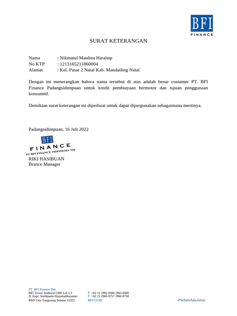 SURAT KETERANGAN BFI | PDF