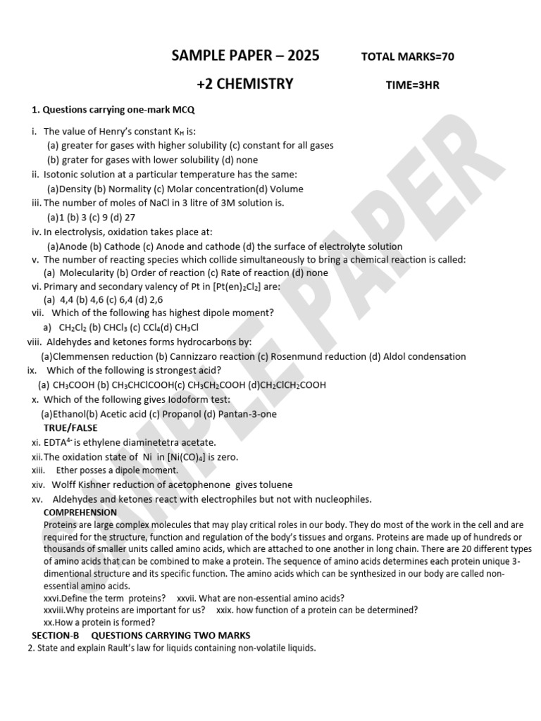 2025 Chemistry Sample Paper MCQs | PDF | Proteins | Chemical Reactions
