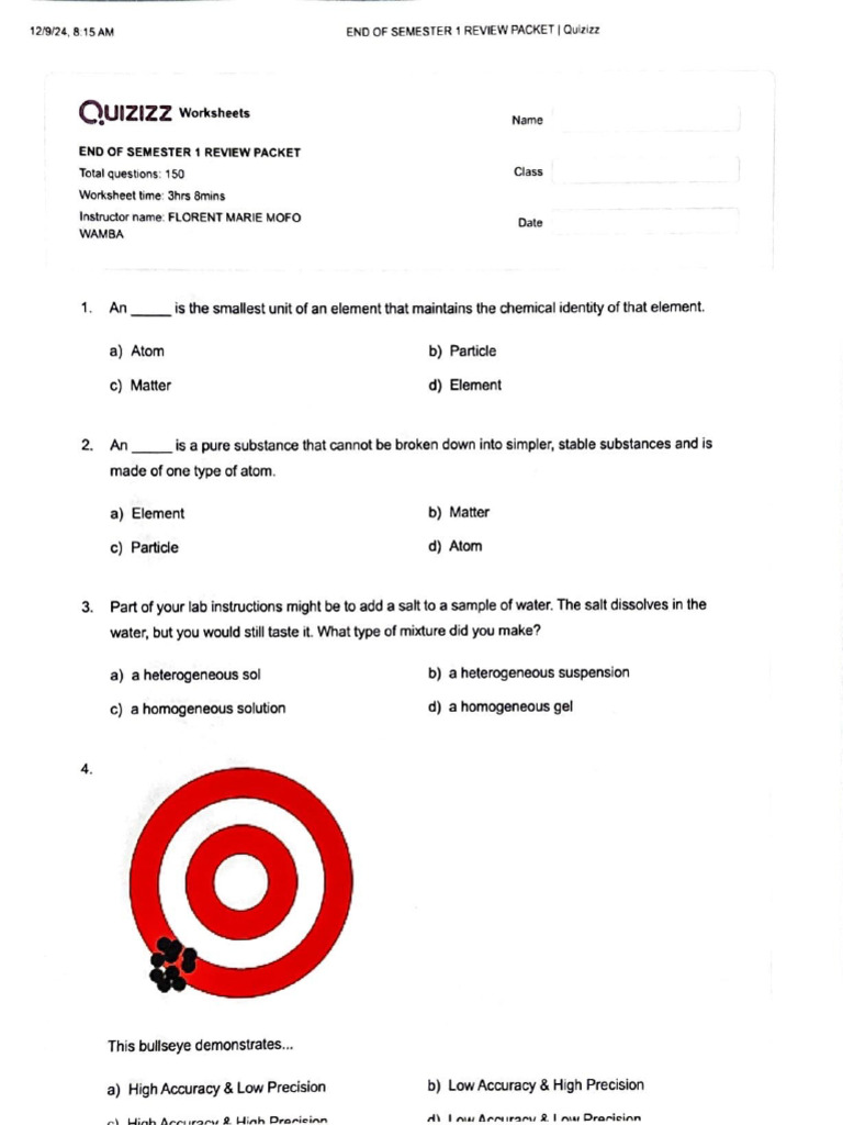 End of Semester 1 Review Packet | PDF