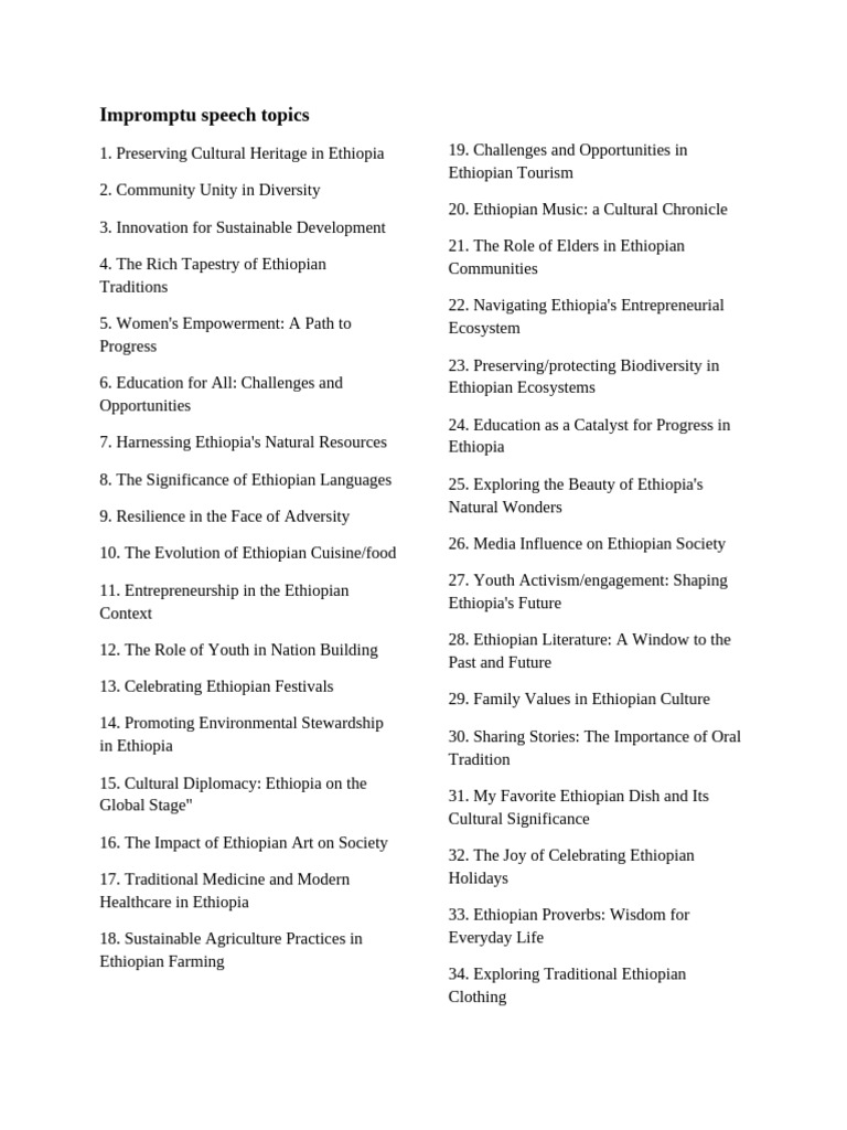 Topics For Impromptu Speech | PDF | Ethiopia | Sustainability
