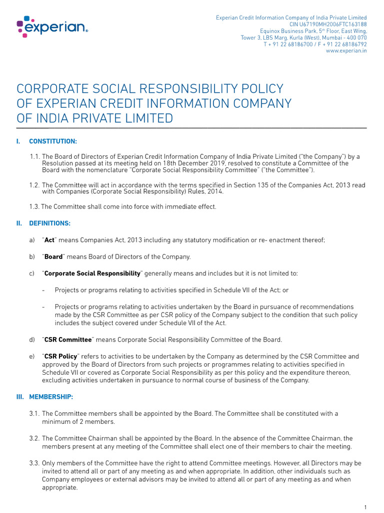 Experian India SCR Policy ECIP | PDF | Corporate Social Responsibility ...