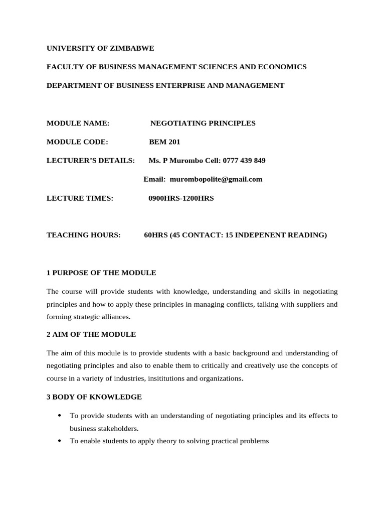Negotiating Principles Bem 201 Module Outline | PDF | Negotiation ...