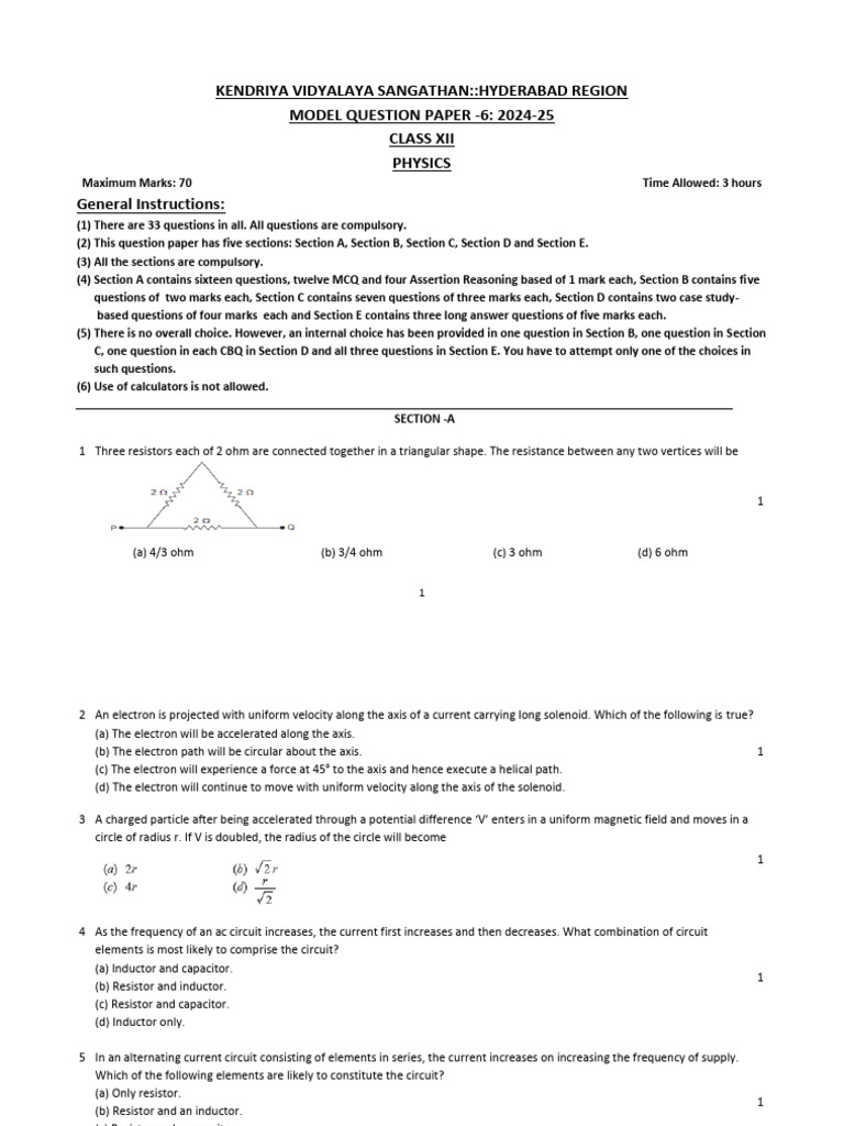 Class XII Physics Model Question Paper 2024-25 | PDF | Electron | Inductor