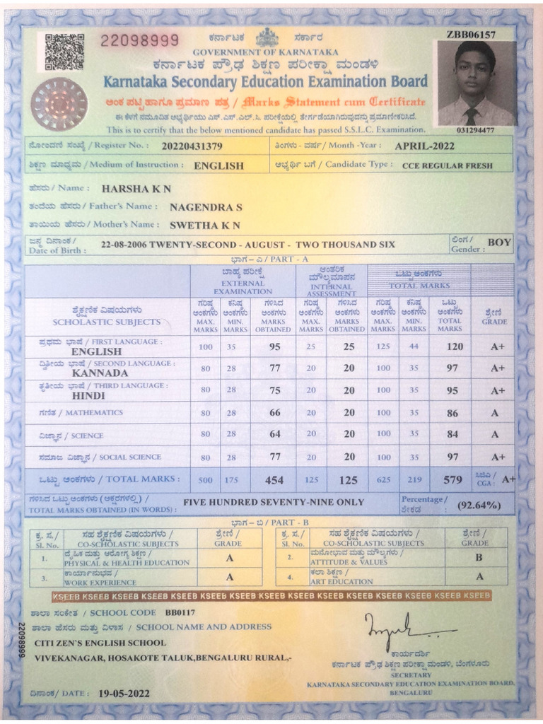 10th Marks Card | PDF