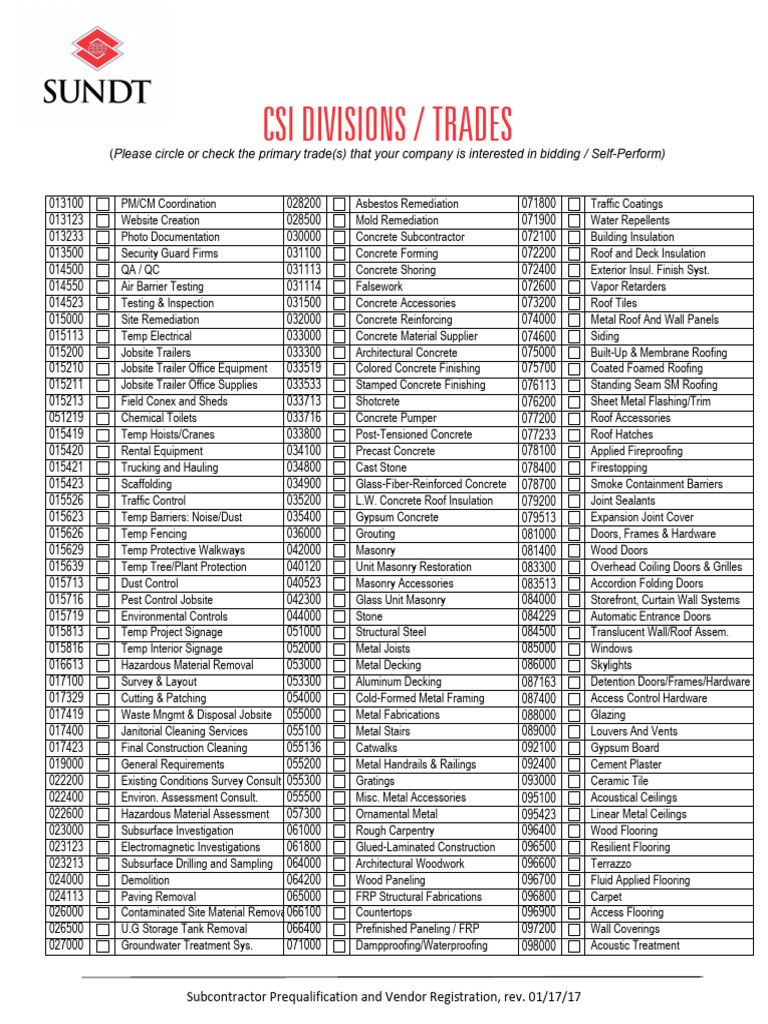 Sundt CSI Divisions and Trades | PDF | Concrete | Flooring
