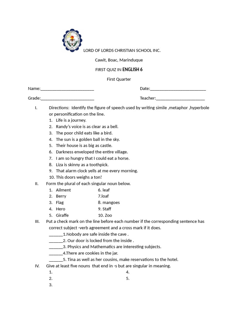 Grade 6 - English 6 Pcs - Copies | PDF