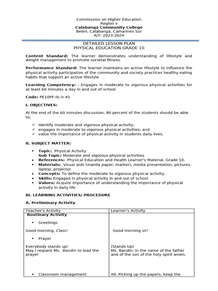 DLP Pe Physical-Activity Kyle | PDF | Physical Education