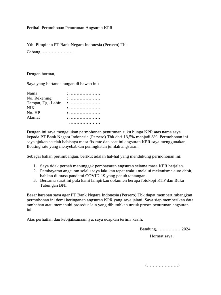 Contoh Permohonan Penurunan Angsuran BNI | PDF