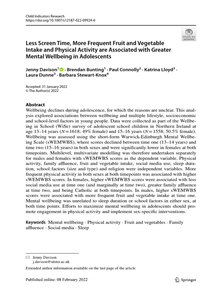 Less Screen Time More Frequent Fruit and Veg and Physcial Activity ...