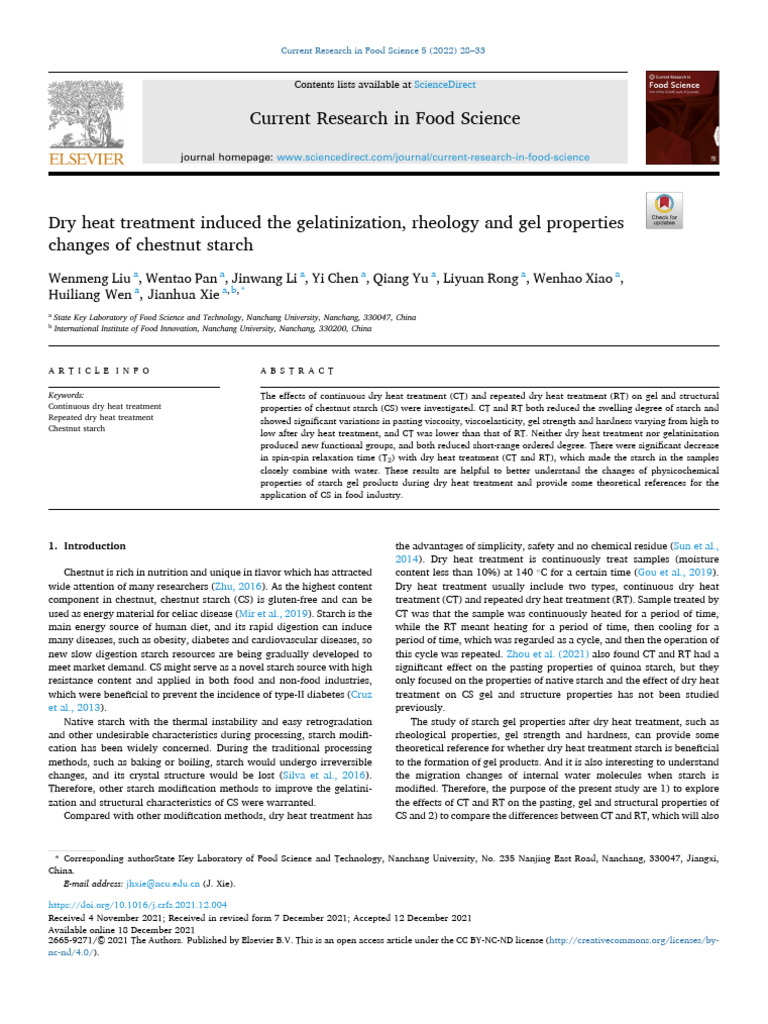 Dry Heat Treatment Induced The Gelatinization Rheolog - 2022 - Current Research | PDF | Starch ...