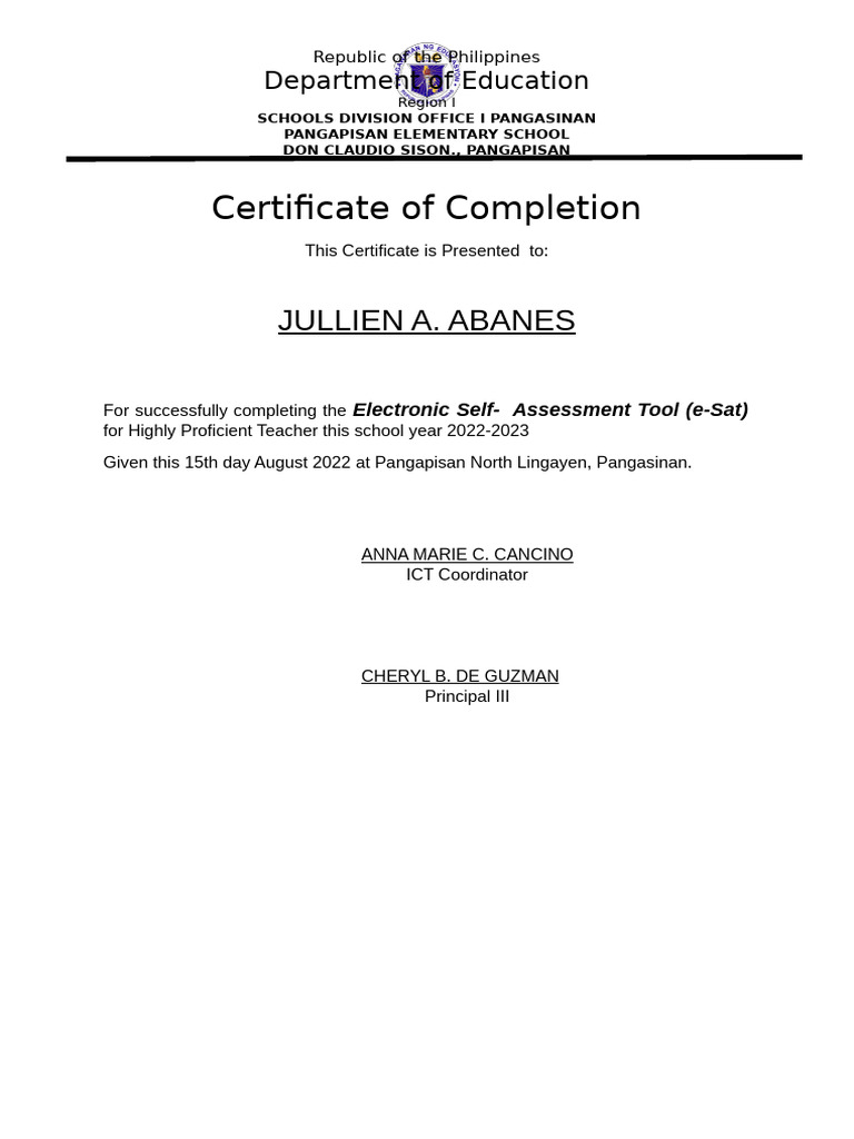Certificate of Completion ESAT | PDF