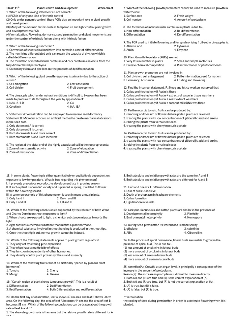11th Plant Growth and Development Worksheet | PDF | Plant Hormone | Auxin