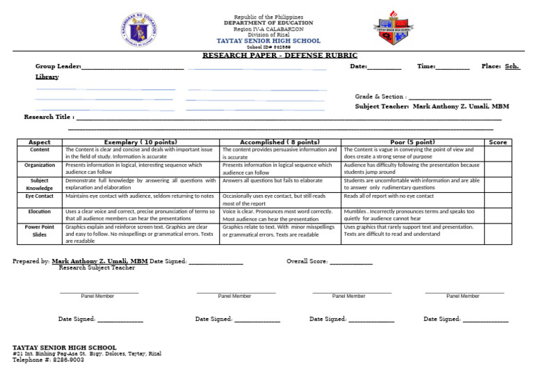 Pr2 Defense Rubrics 2 | PDF | Cognition | Cognitive Science
