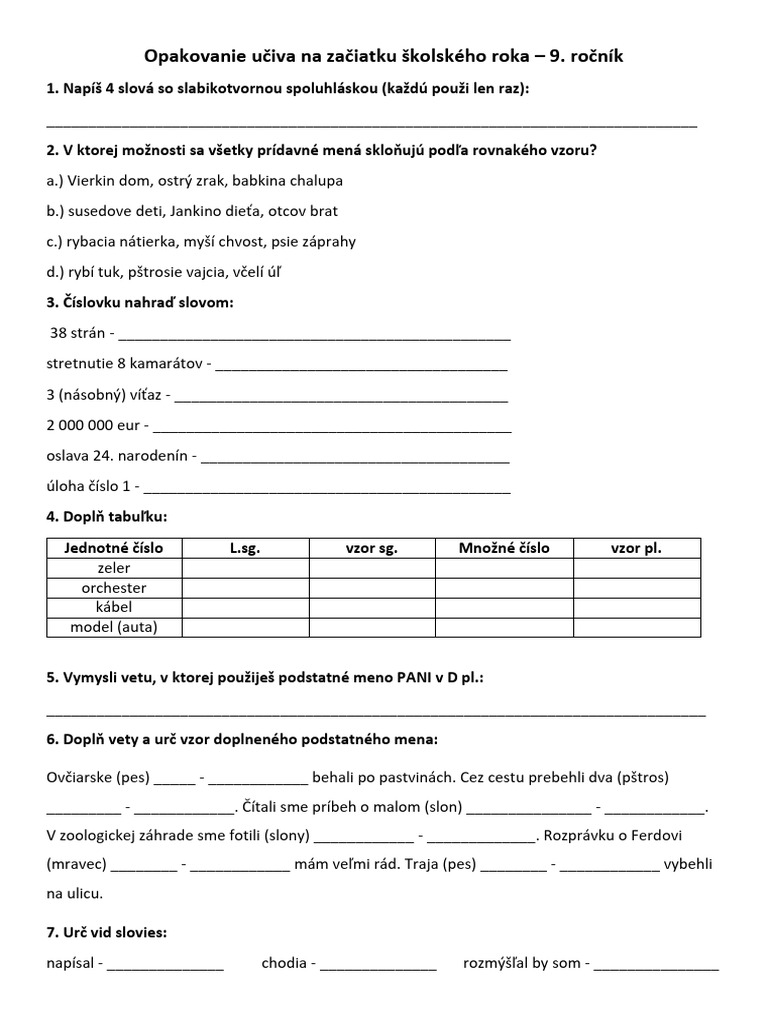 SJL Opakovanie Na Zaciatku Skolskeho Roka - 9. Rocnik 2024-25 | PDF