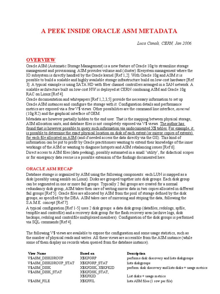 A Peek Inside Oracle ASM Metadata | PDF | Oracle Database | Databases