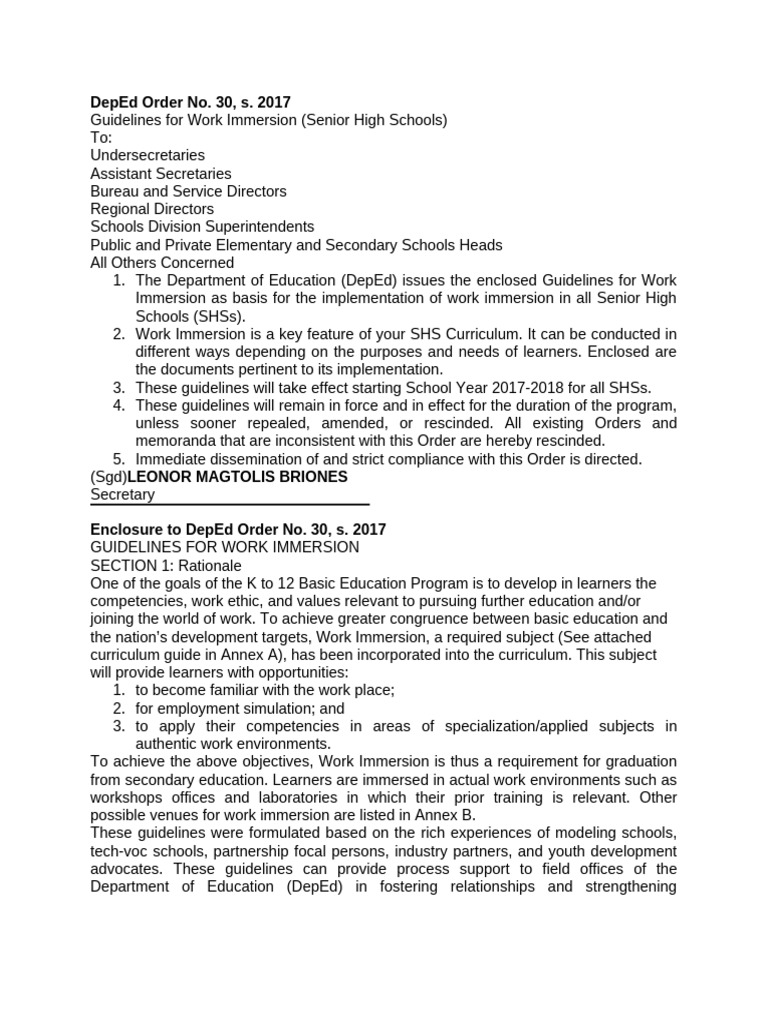 Guidelines For Work Immersion | PDF | Learning | Partnership