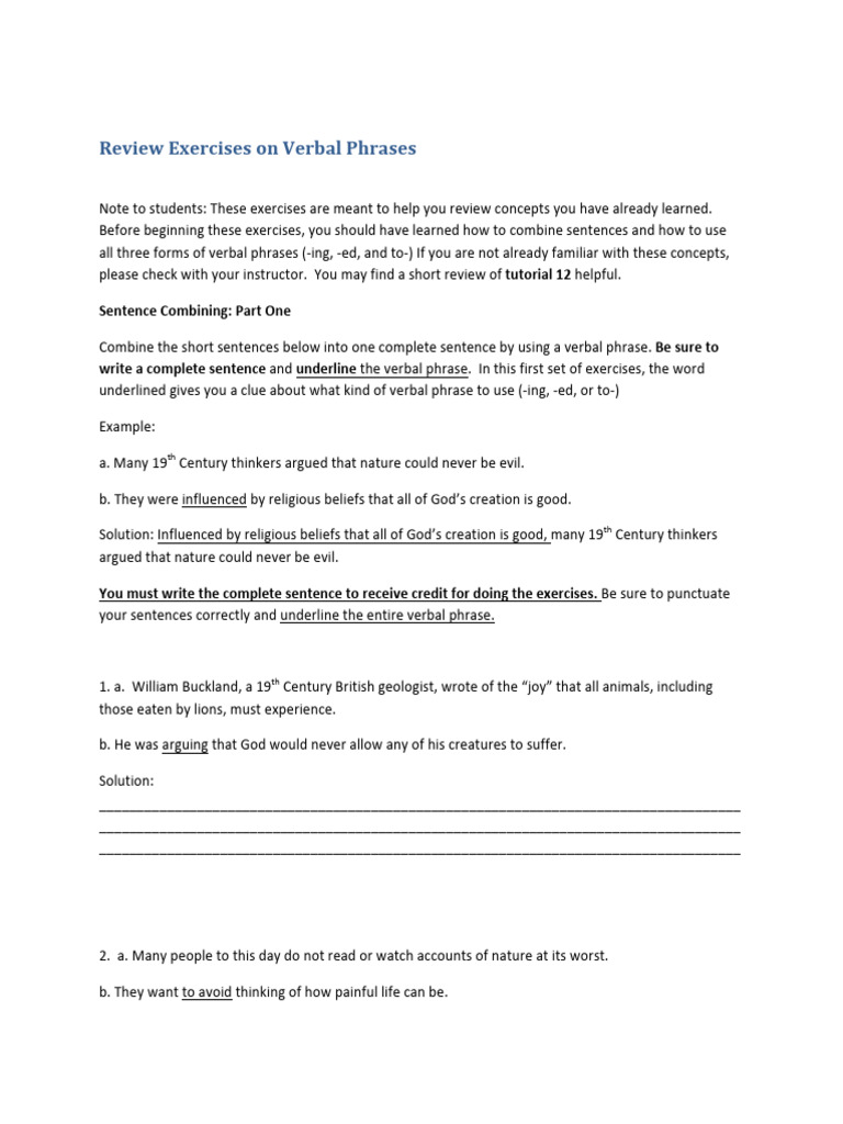 Review Exercises On Verbal Phrases | PDF
