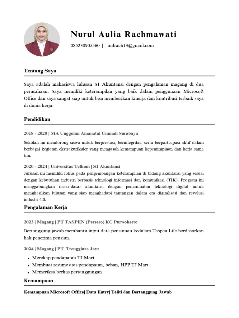CV Nurul Aulia Rachmawati | PDF