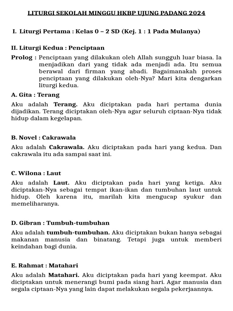 Liturgi Sekolah Minggu HKBP Ujung Padang 2024 | PDF