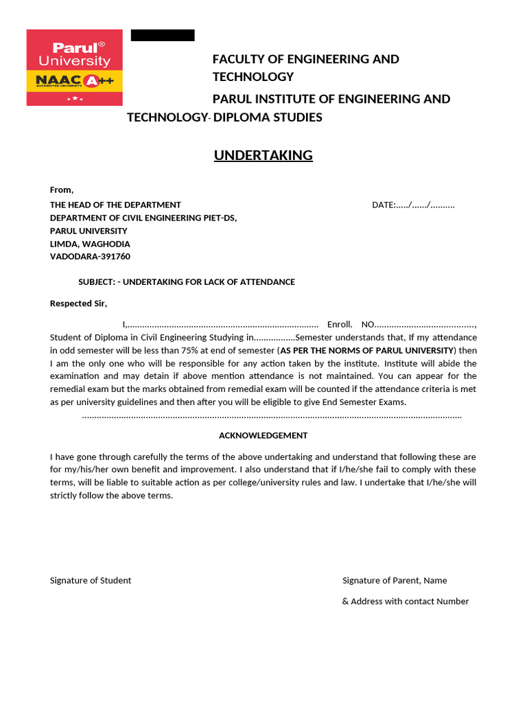 Undertaking for Less Students New Format | PDF