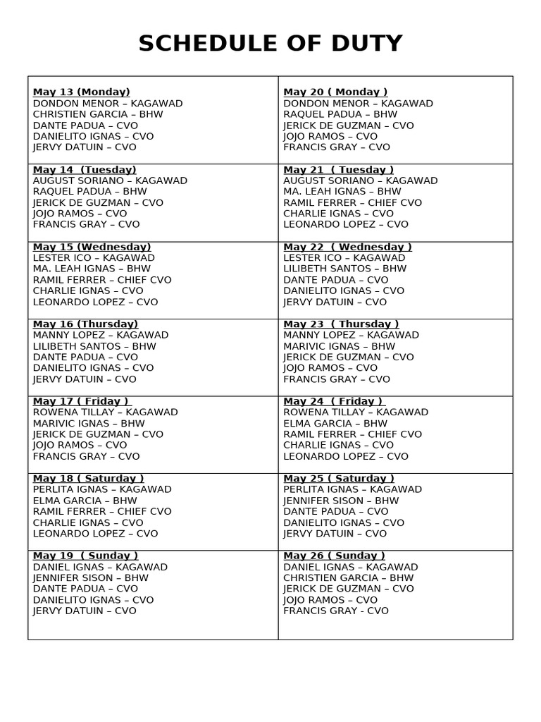 May Duty Schedule for Officials | PDF