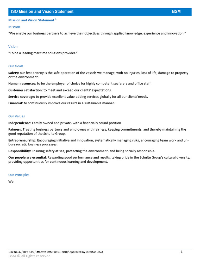 BSM ISO Mission and Vision Statement | PDF