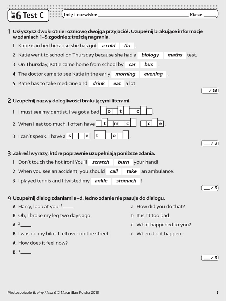 Unit 6 Test C: Health and Illness | PDF