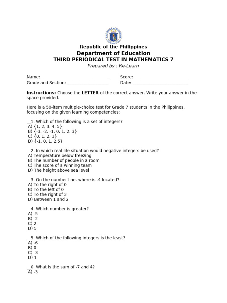 THIRD PERIODICAL TEST IN MATHEMATICS 7 (Re-Learn) | PDF | Numbers | Integer