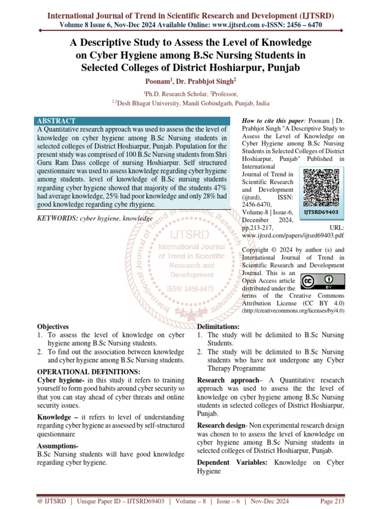 A Descriptive Study To Assess The Level of Knowledge On Cyber Hygiene Among B.SC Nursing ...