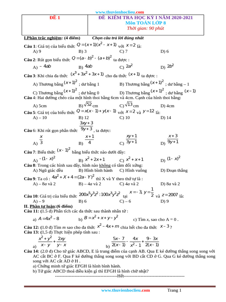 Bo-de-thi-HK-1-Toan-8-co-dap-an - TQT | PDF