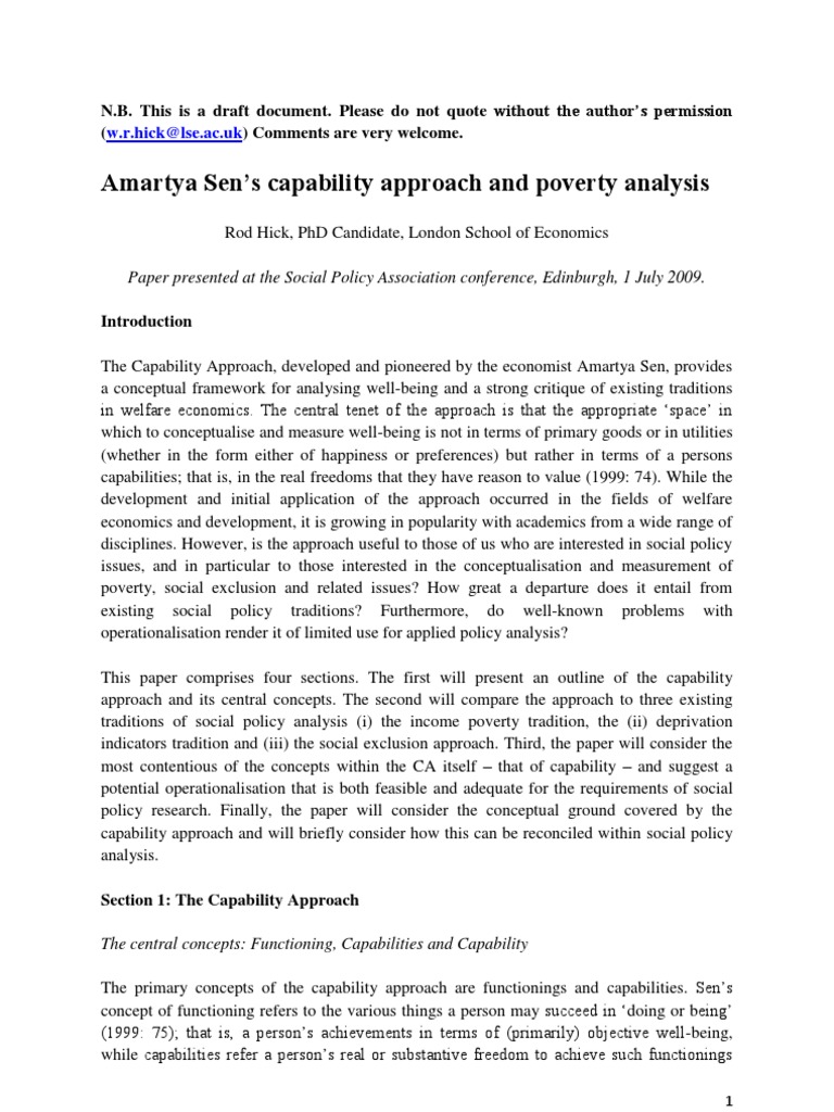 Amartya Sen's Capability Approach and Poverty Analysis | Poverty ...