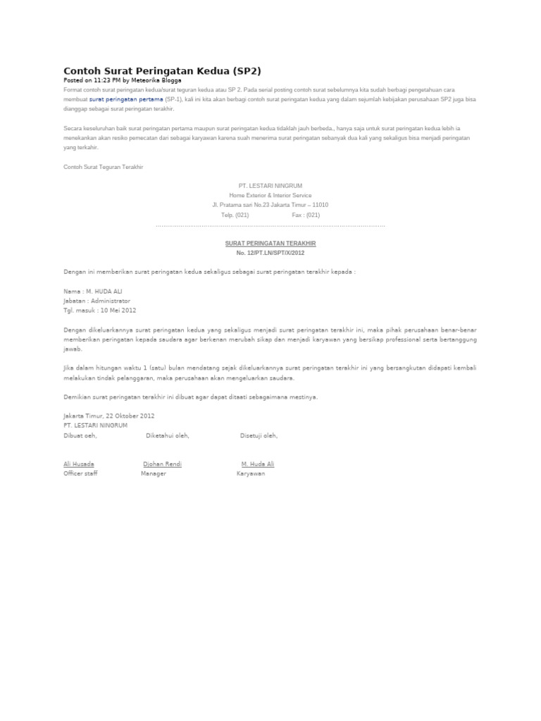 Contoh Surat Peringatan Kedua | PDF