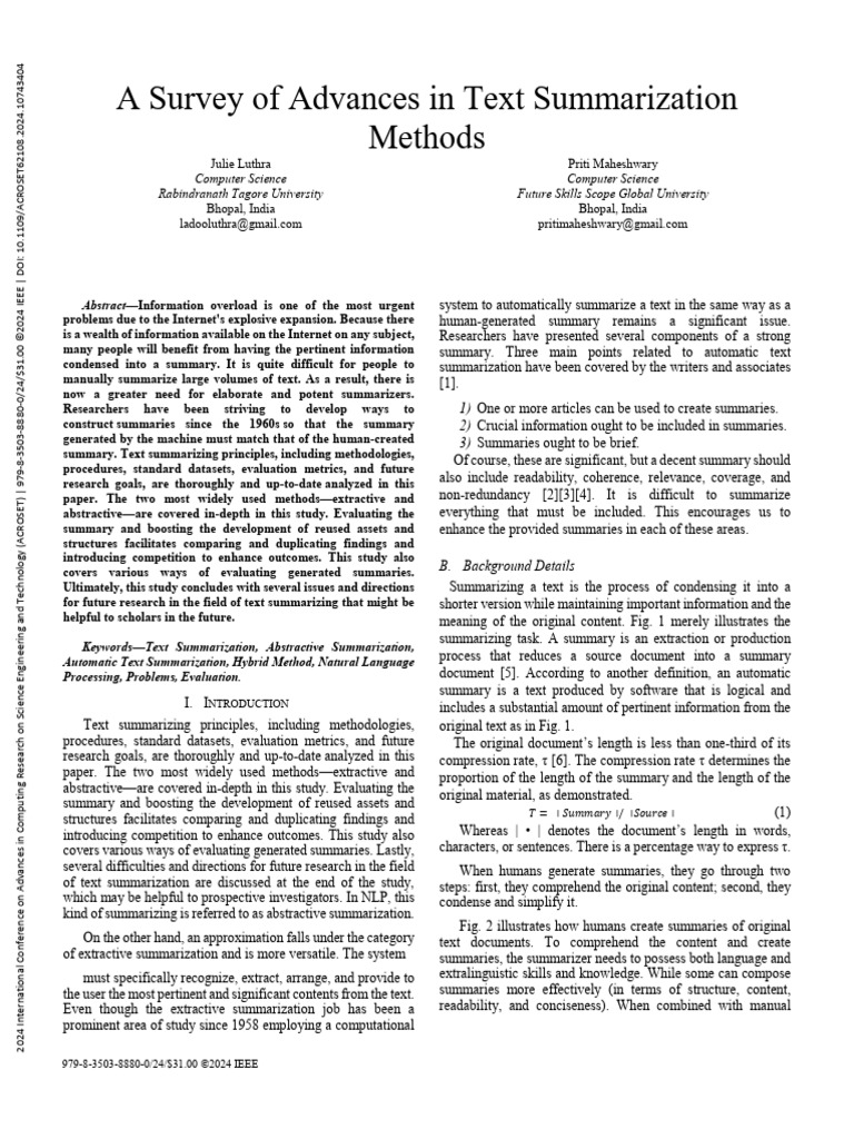 A Survey of Advances in Text Summarization Methods | PDF | Cognitive ...