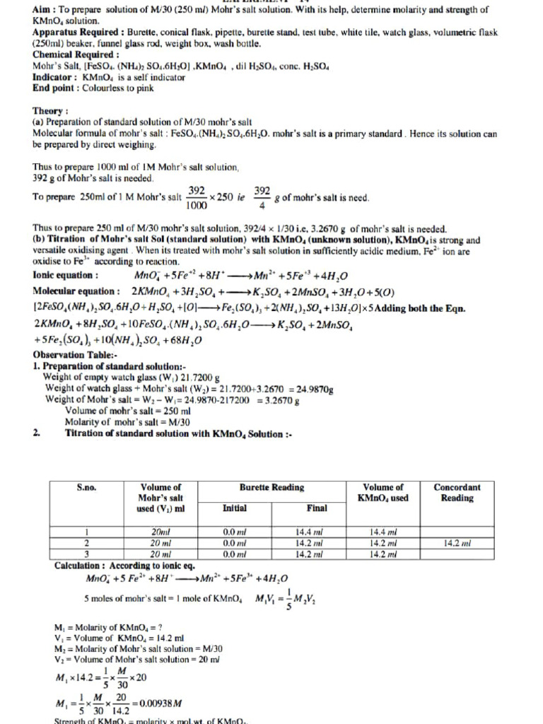 M/30 Mohr's Salt and KMnO4 Strength | PDF | Titration | Chemistry