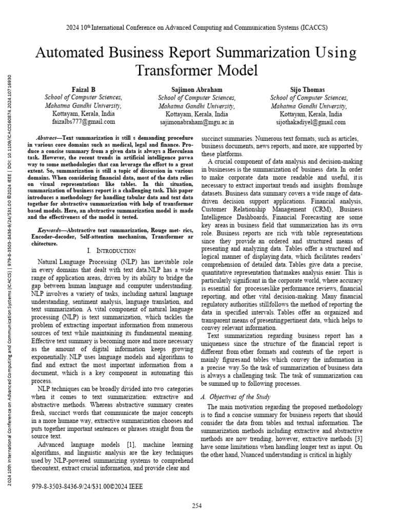 Automated Business Report Summarization Using Transformer Model | PDF | Artificial Intelligence ...