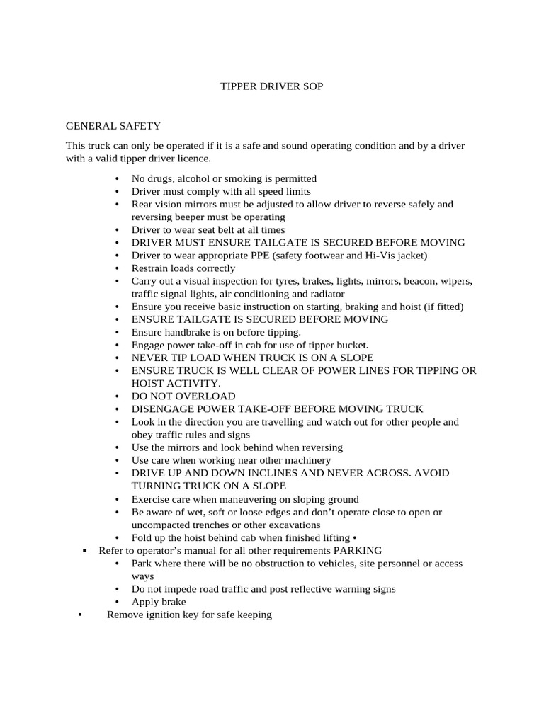 TIPPER DRIVER SOP | PDF