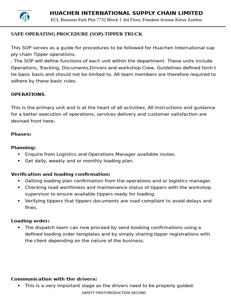 Huachen Tipper Truck-Sop Operations | PDF | Truck | Transport