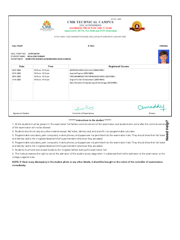 B Tech Sem-1 Exam Hall Ticket 2025 | PDF | Computing