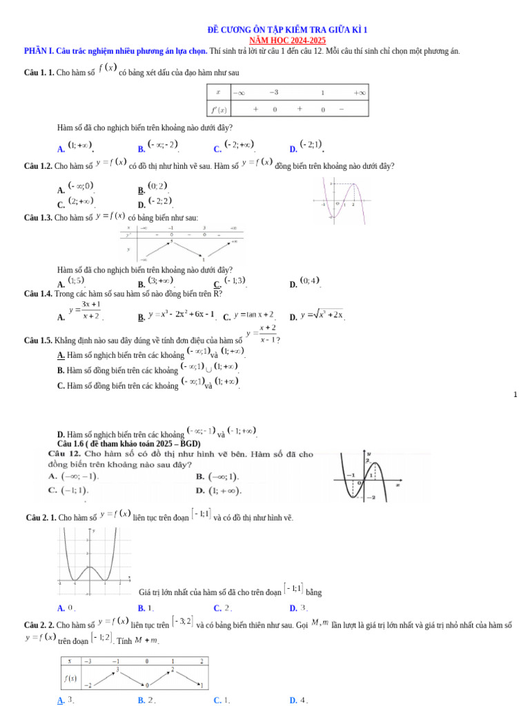 ĐỀ CƯƠNG ÔN TẬP GKI - TOÁN 12 - 2024-2025 | PDF