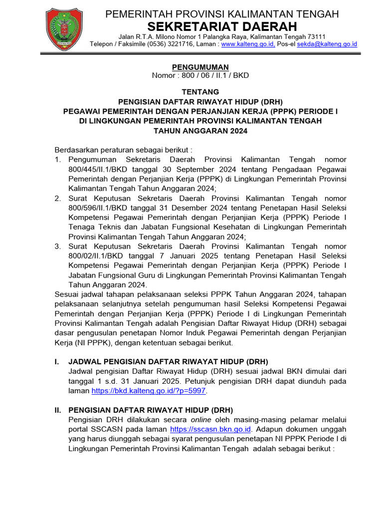 Pengisian DRH PPPK Kalimantan Tengah 2024 | PDF