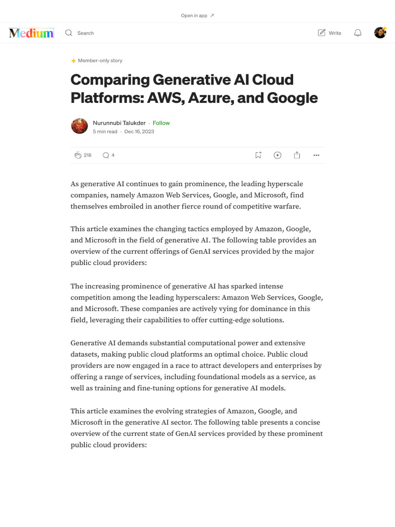 Comparing Generative AI Cloud Platforms - AWS, Azure, and Google - by Nurunnubi Talukder ...