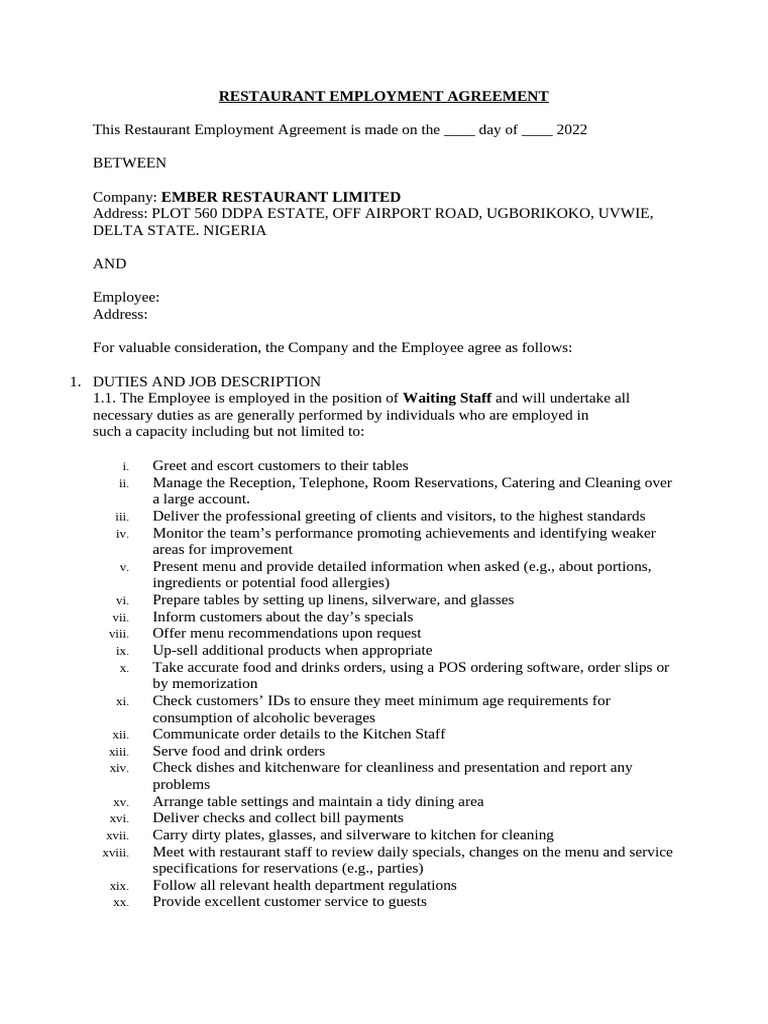 Restaurant Employment Agreement Template | PDF | Employment | Waiting Staff